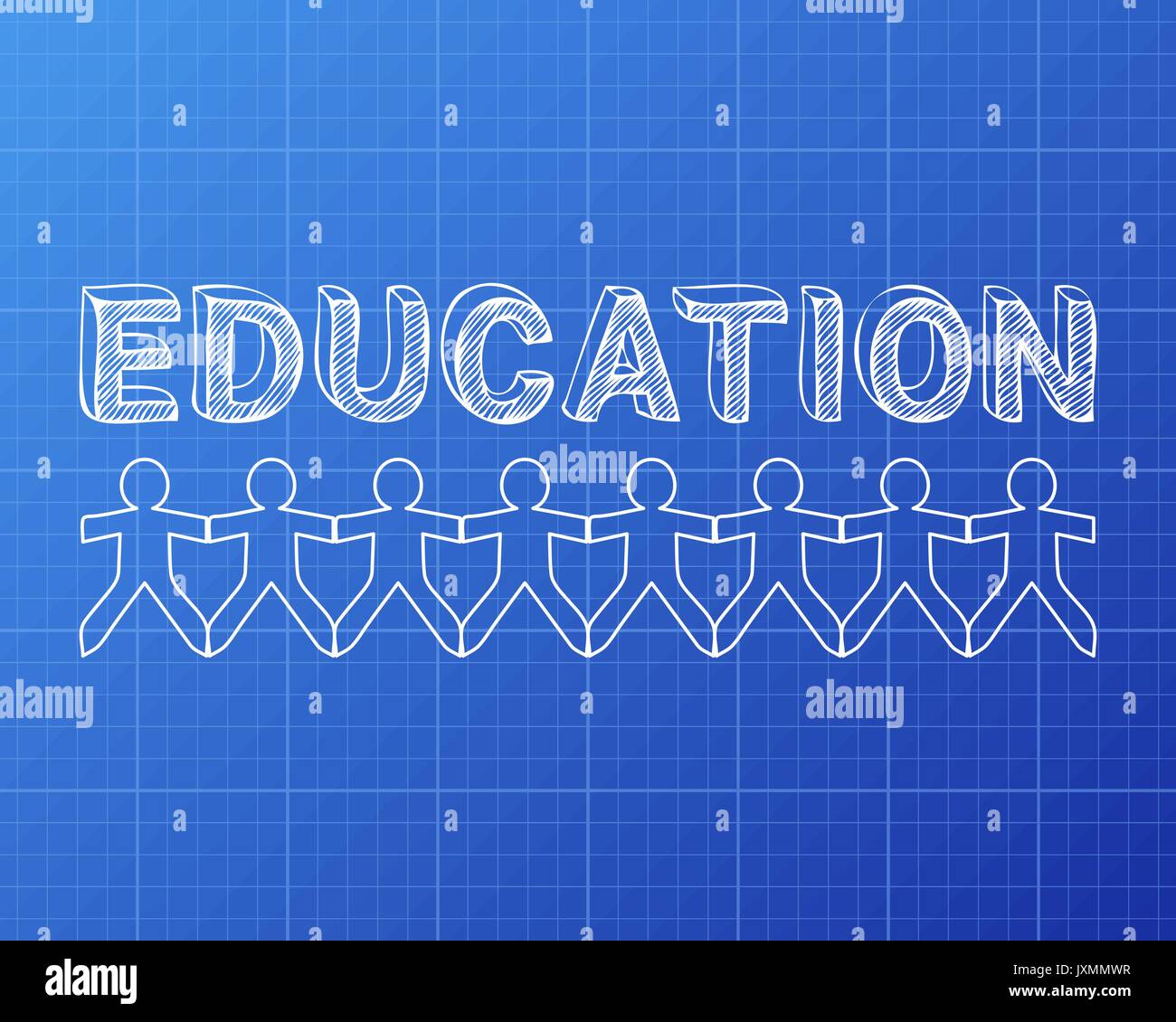 Education text hand drawn with paper people on blueprint background ...
