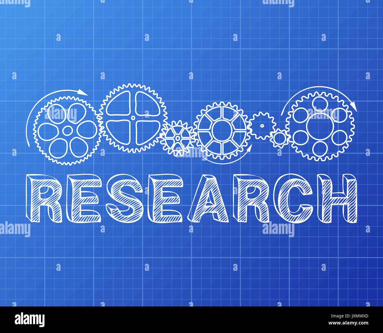 Research text with gear wheels hand drawn on blueprint background Stock ...