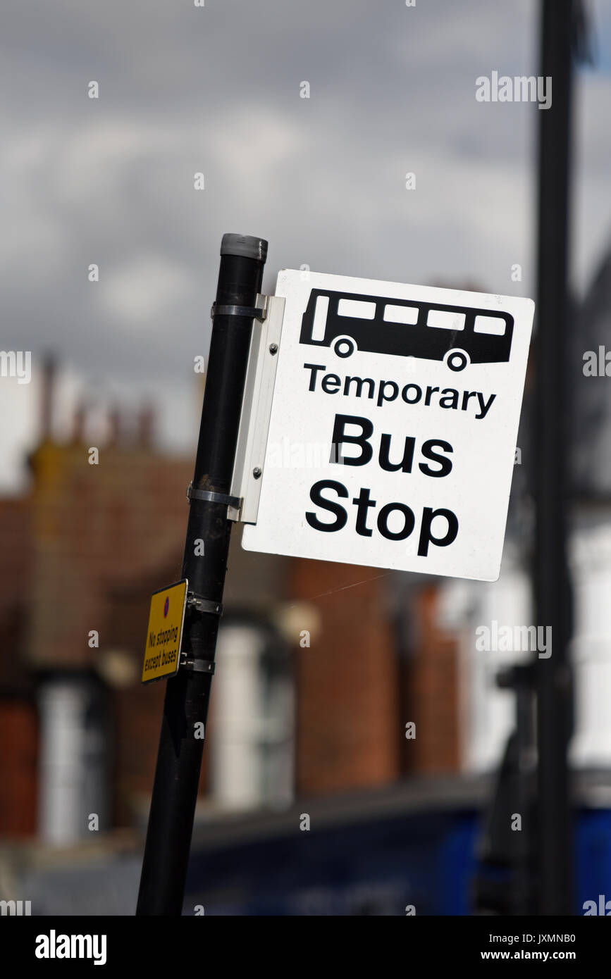 Temporary bus stop sign in Southend on Sea, Essex, UK Stock Photo - Alamy