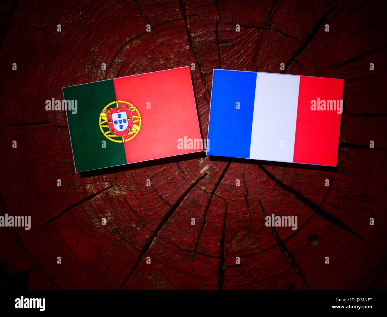 Portuguese flag with French flag on a tree stump isolated Stock Photo ...