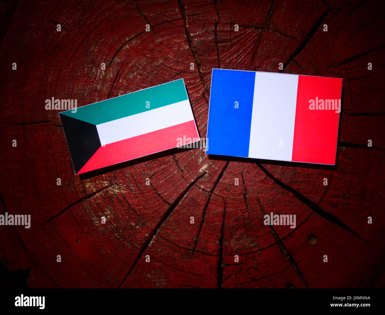 Kuwaiti flag with French flag on a tree stump isolated Stock Photo - Alamy