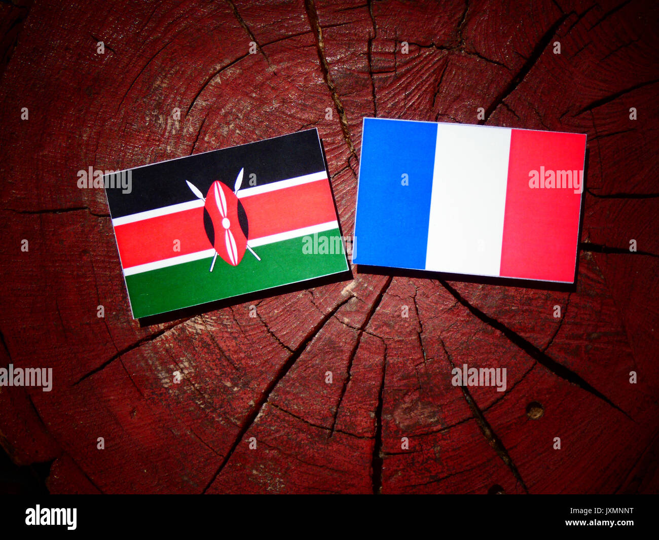 Kenyan flag with French flag on a tree stump isolated Stock Photo - Alamy