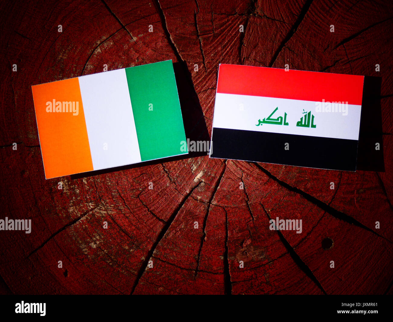 Ivory Coast flag with Iraqi flag on a tree stump isolated Stock Photo ...
