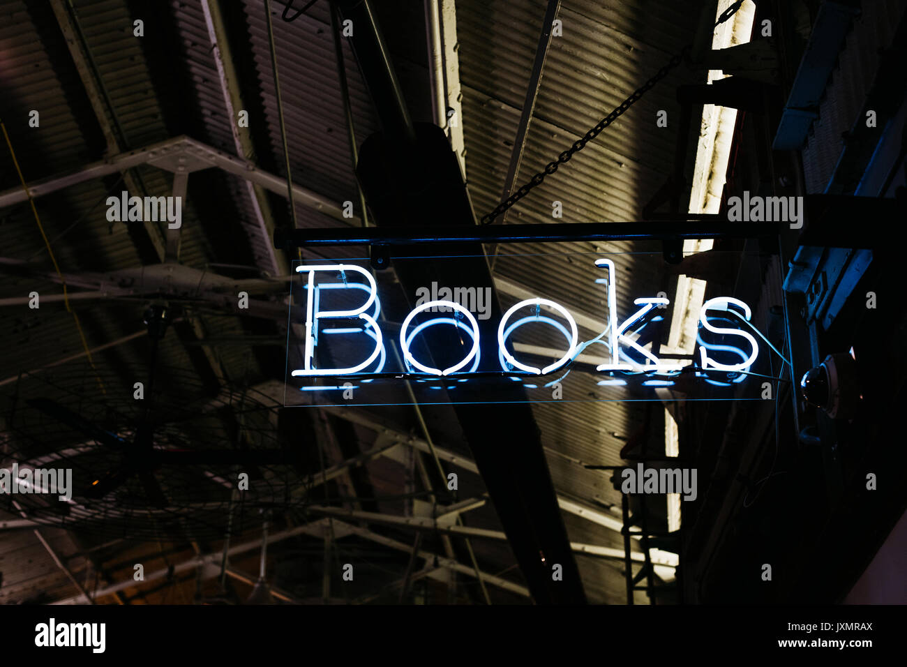 Illuminated neon bookshop sign at night, New York, USA Stock Photo - Alamy