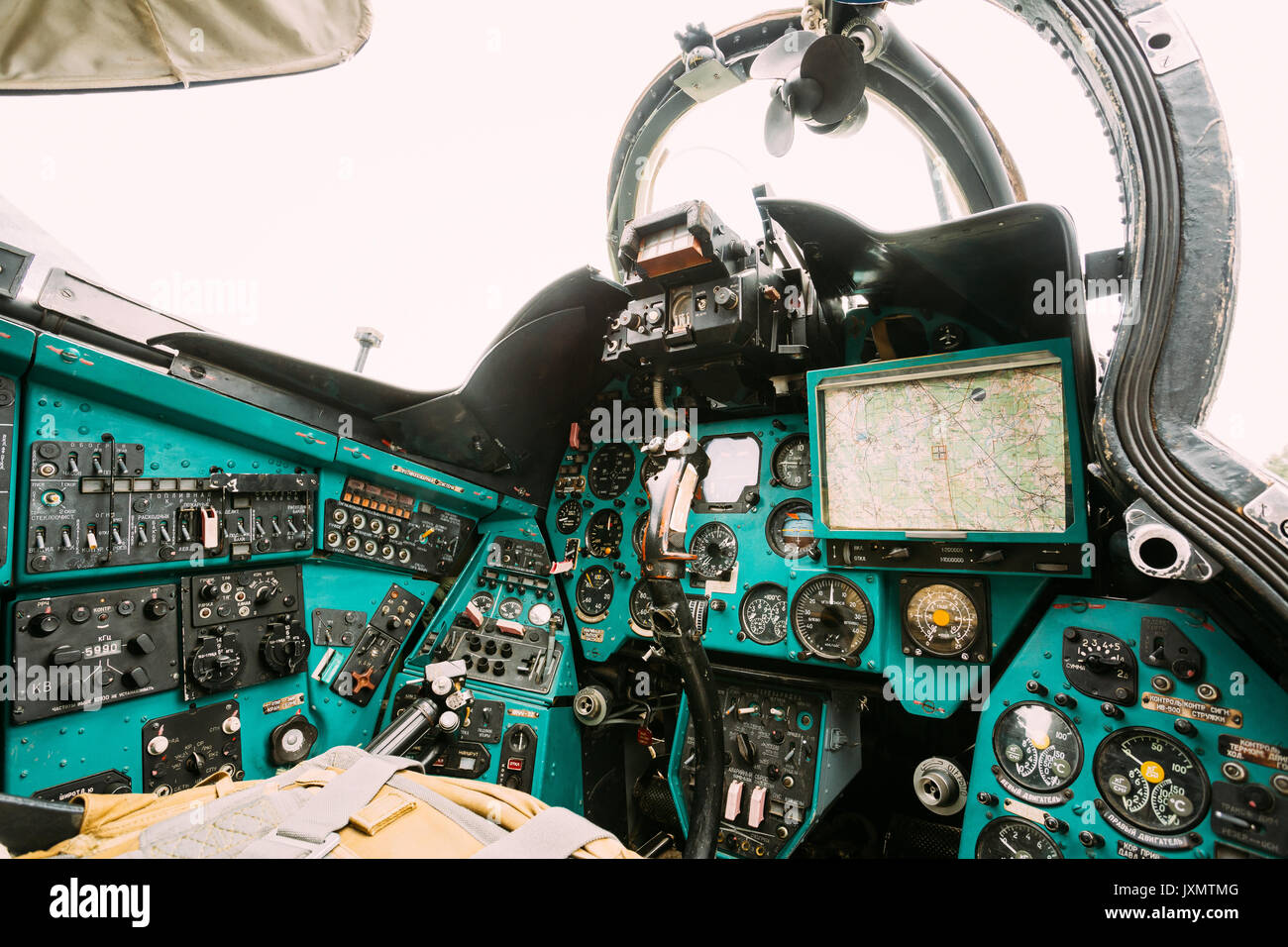 Dashboard In A Russian Soviet Helicopter Cockpit. Large Helicopter ...