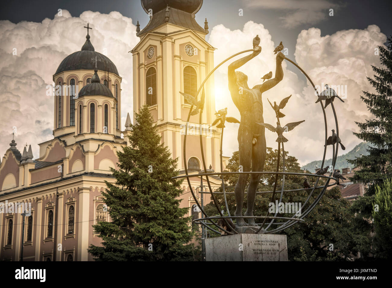 Multicultural Man Builds the World statue and Serbian Orthodox ...