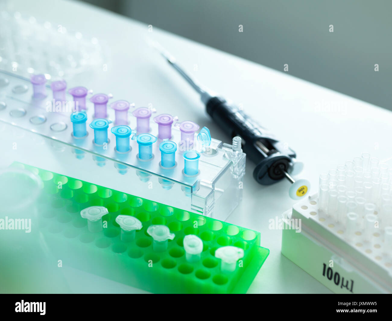 Pipette, vials and samples on laboratory table Stock Photo - Alamy