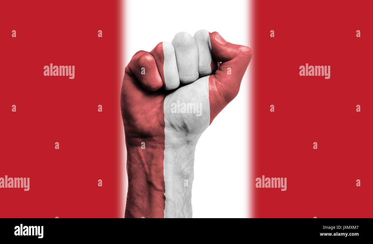 Peru flag painted on a clenched fist. Strength, Power, Protest concept ...