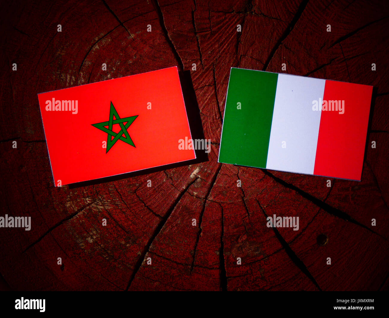 Moroccan flag with Italian flag on a tree stump isolated Stock Photo ...