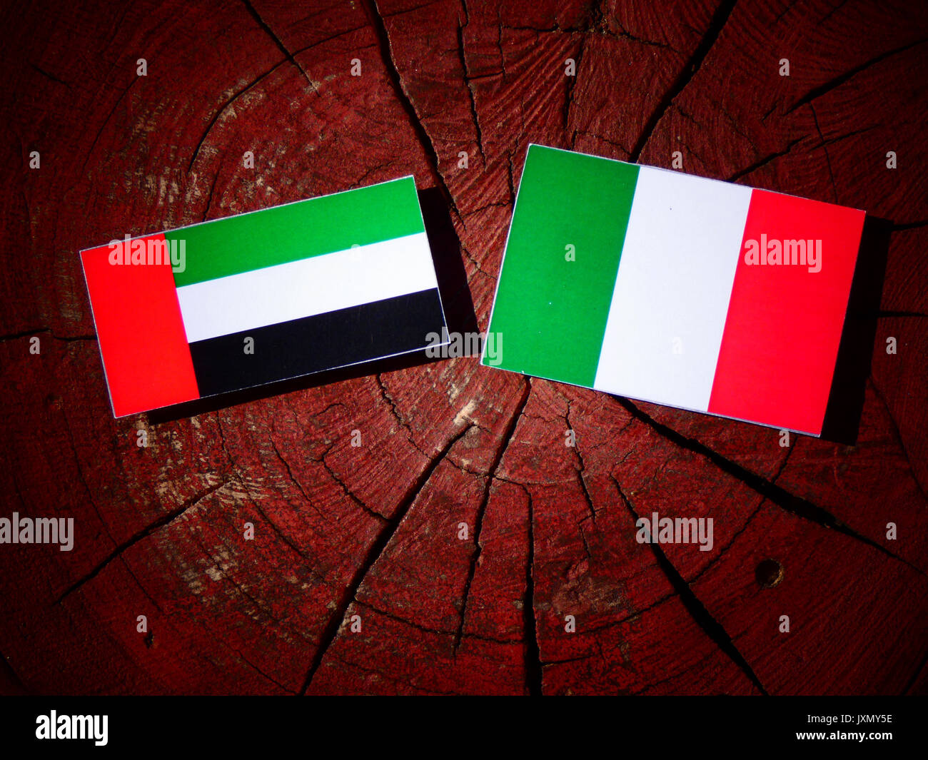United Arab Emirates flag with Italian flag on a tree stump isolated ...