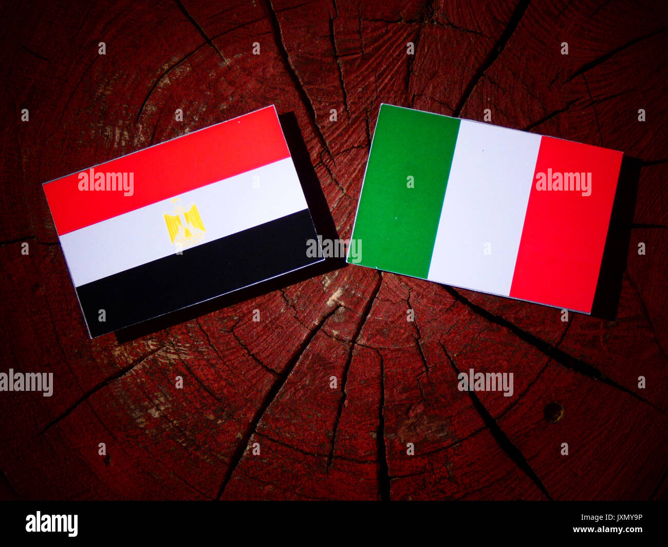 Egyptian flag with Italian flag on a tree stump isolated Stock Photo ...