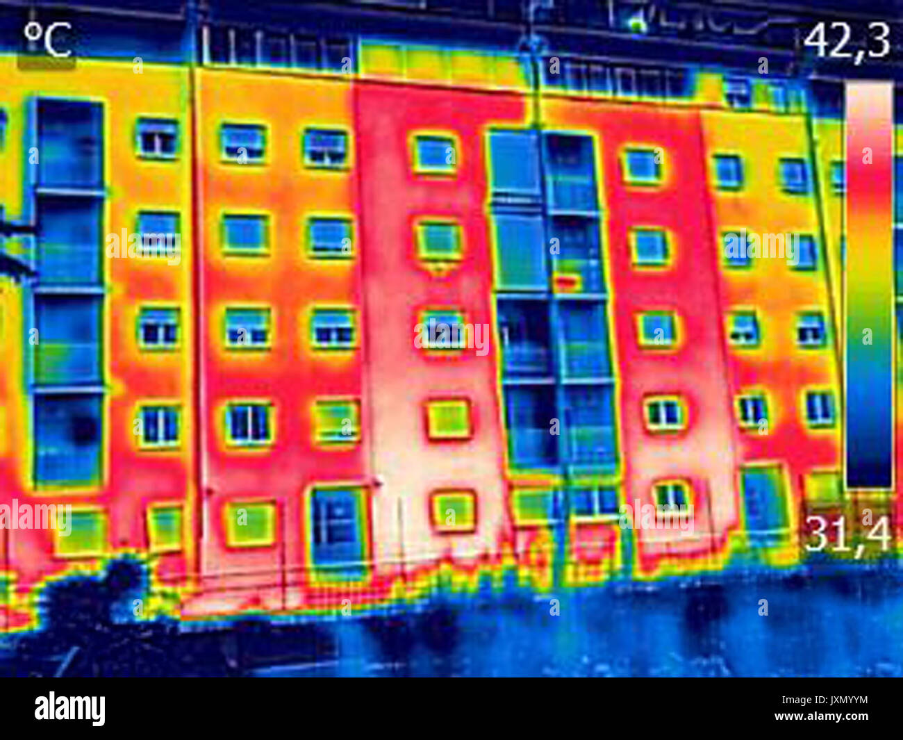 Infrared thermovision image showing lack of thermal insulation on ...