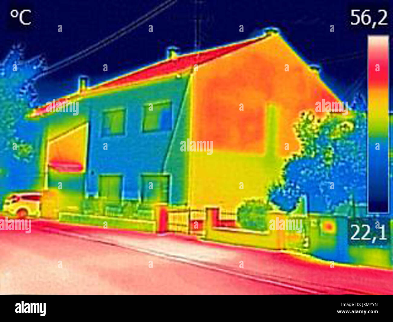 Infrared thermovision image showing lack of thermal insulation on ...