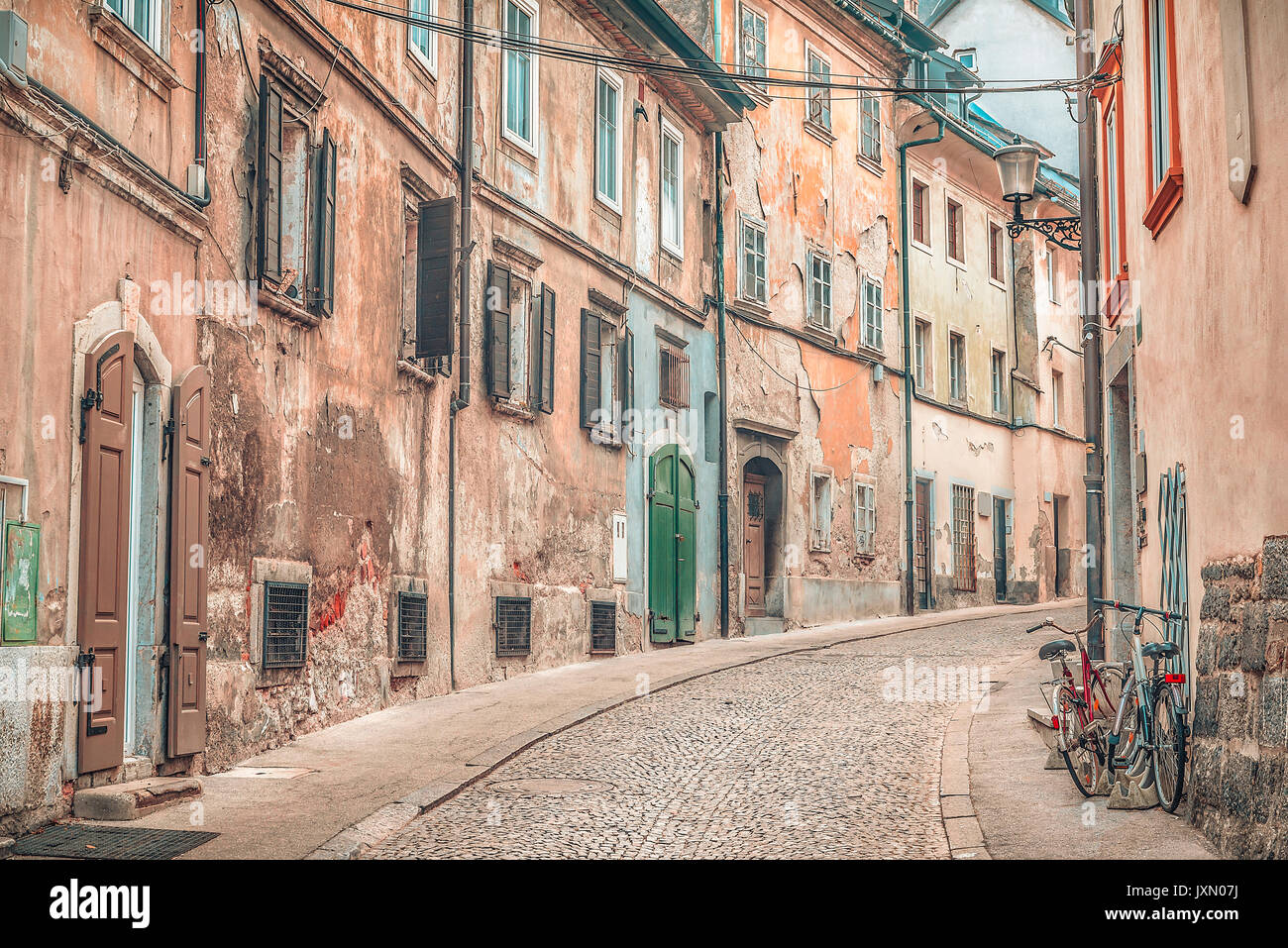 Side street with old, shabby buildings, yet colorful, located in the ...