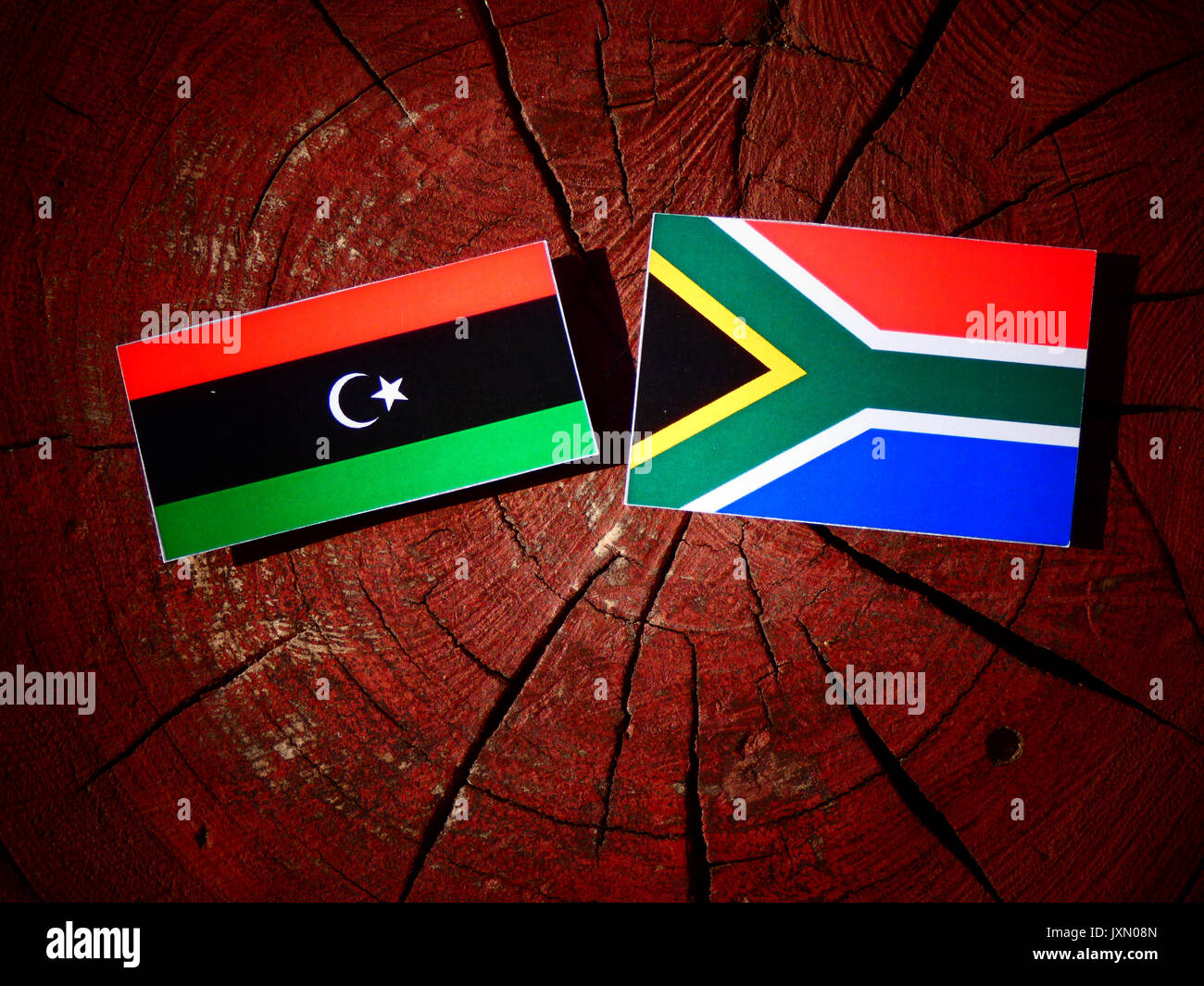 Libyan flag with South African flag on a tree stump isolated Stock ...