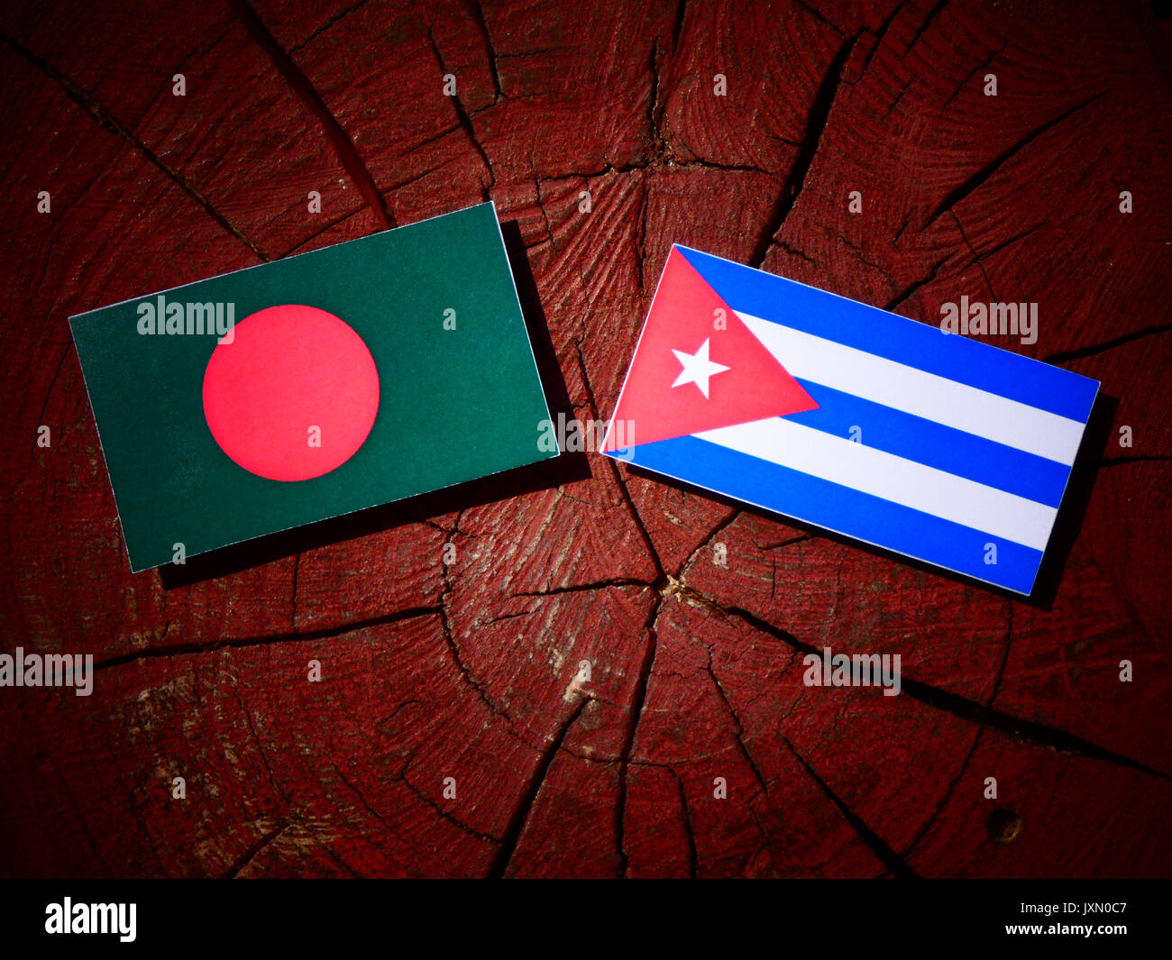 Bangladesh flag with Cuban flag on a tree stump isolated Stock Photo ...