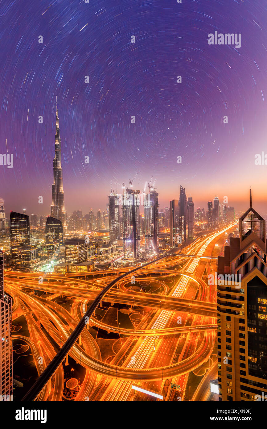 Dubai city at night under a starry sky in United Arab Emirates Stock ...