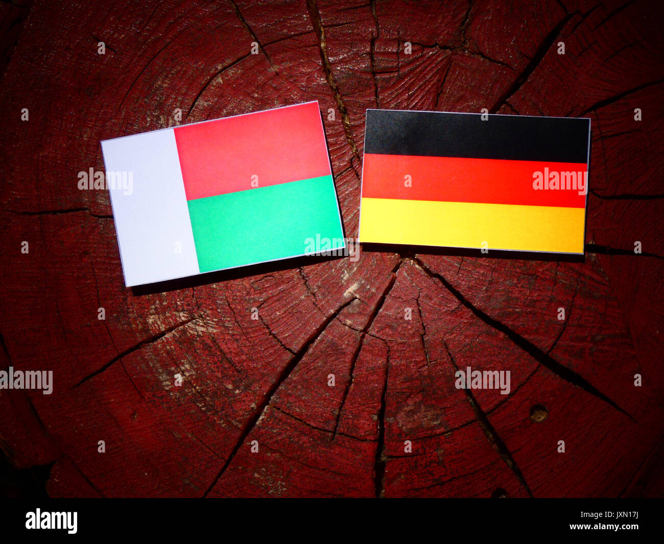 Madagascar flag with German flag on a tree stump isolated Stock Photo ...