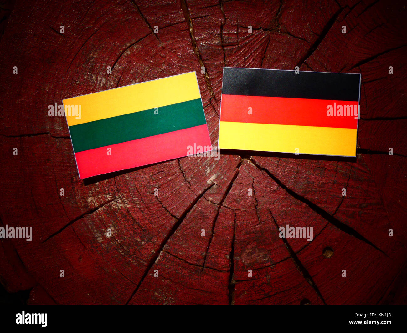 Lithuanian flag with German flag on a tree stump isolated Stock Photo ...