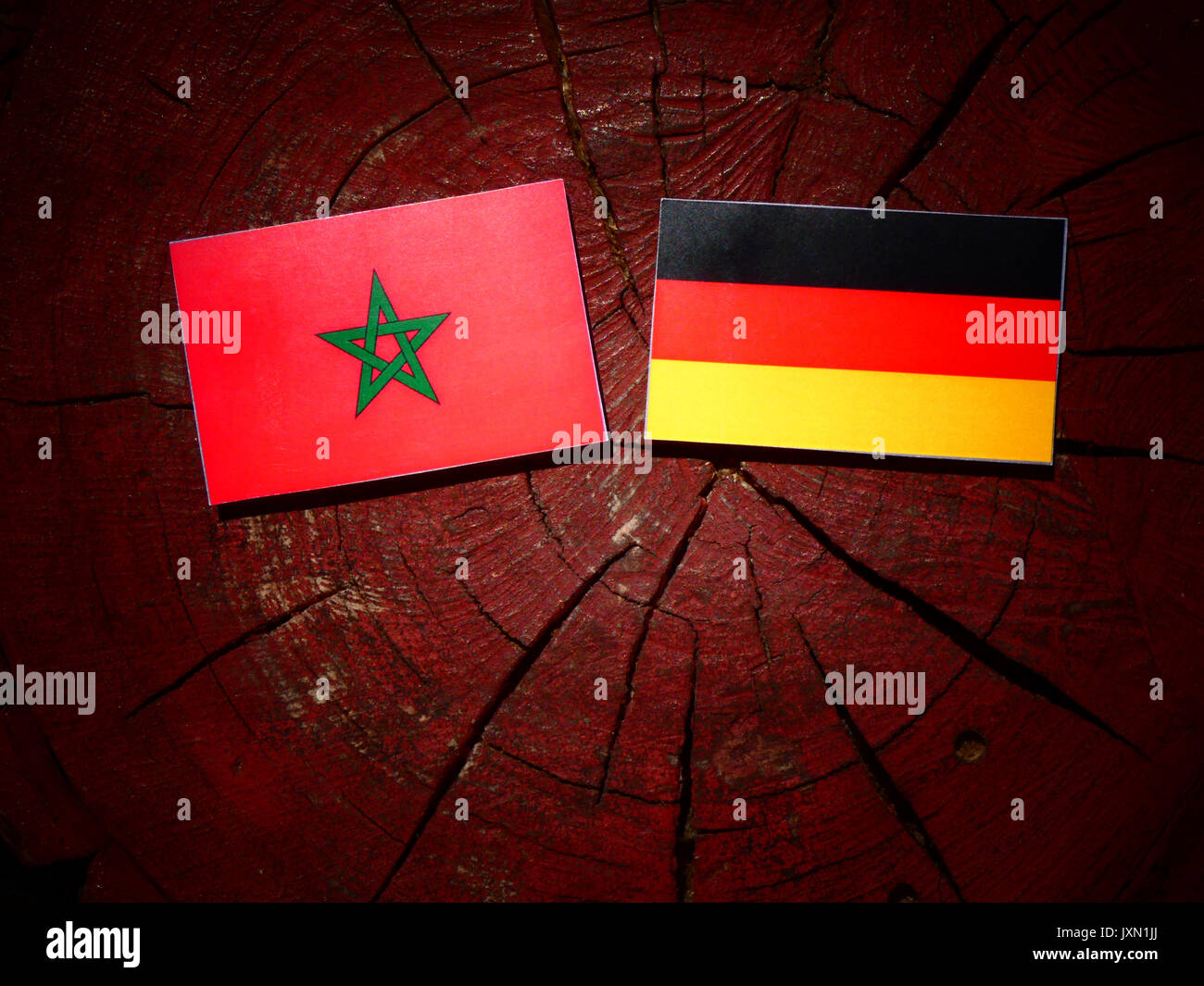 Moroccan flag with German flag on a tree stump isolated Stock Photo - Alamy