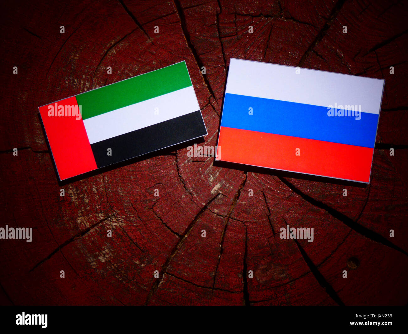 United Arab Emirates flag with Russian flag on a tree stump isolated ...