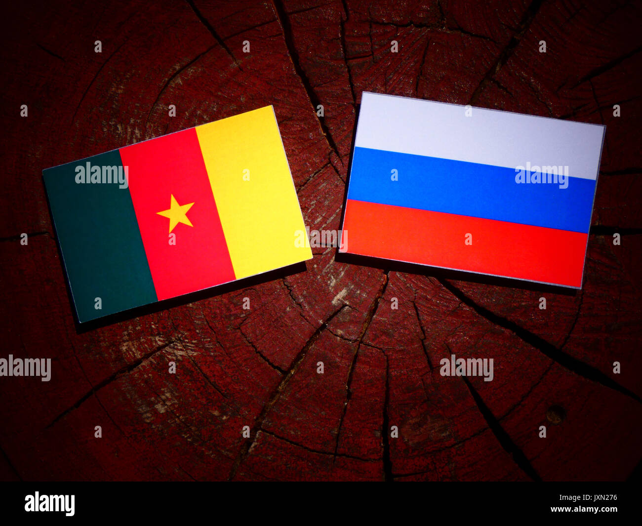 Cameroon flag with Russian flag on a tree stump isolated Stock Photo ...