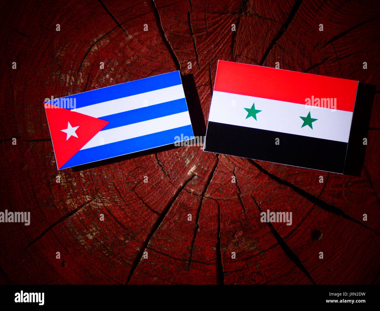 Cuban flag with Syrian flag on a tree stump isolated Stock Photo - Alamy
