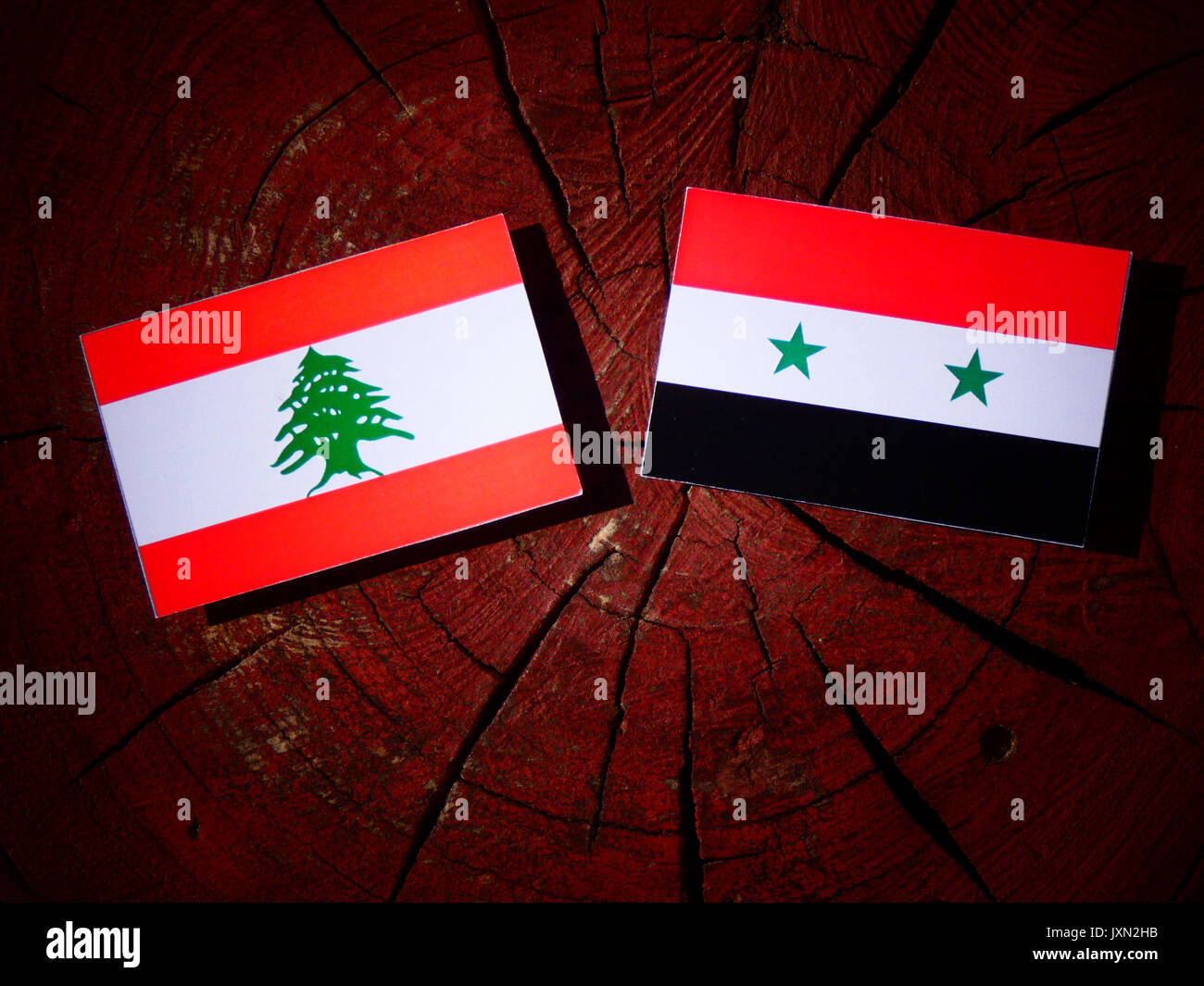 Lebanese flag with Syrian flag on a tree stump isolated Stock Photo - Alamy