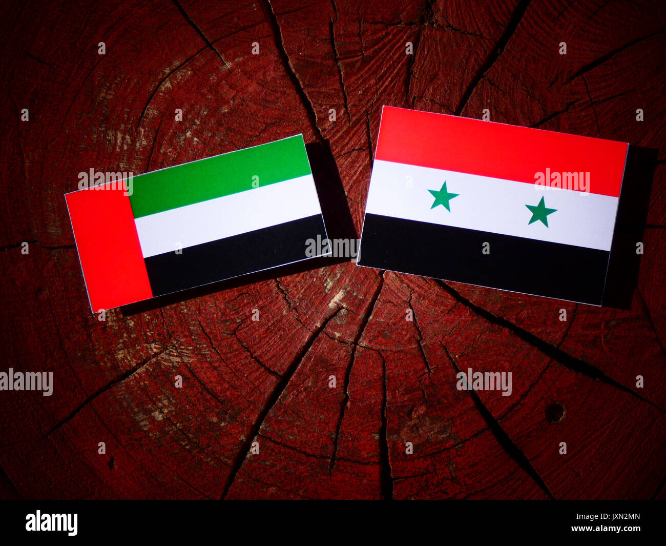 United Arab Emirates flag with Syrian flag on a tree stump isolated ...