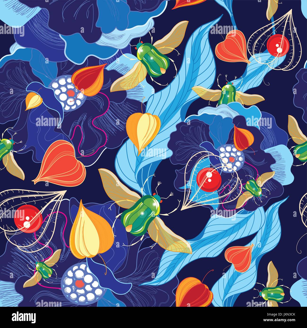 Vector bright floral pattern with green beetles Stock Vector Image ...