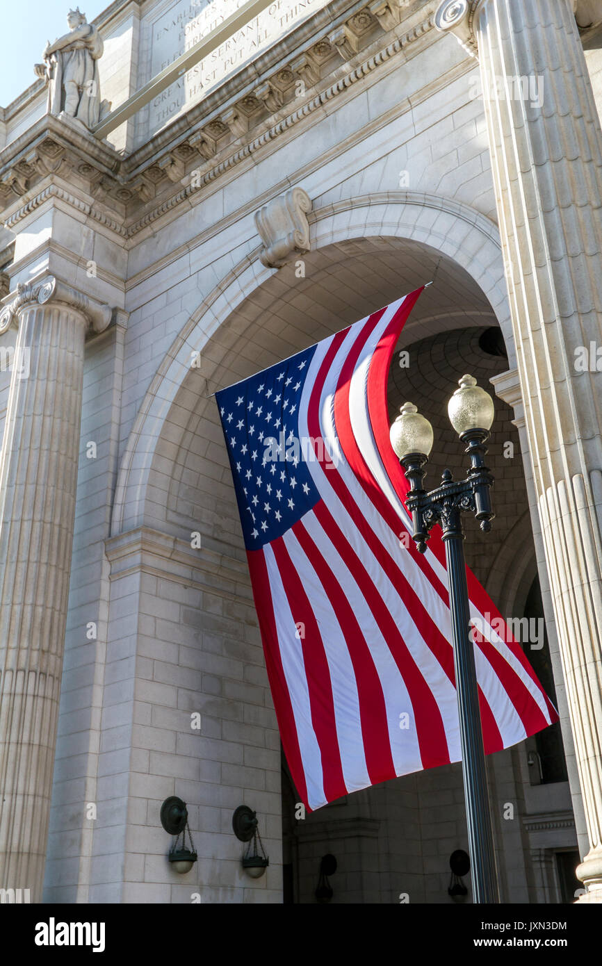 U.S. flag flying over D.C. Union Station over 4th of July festivities ...
