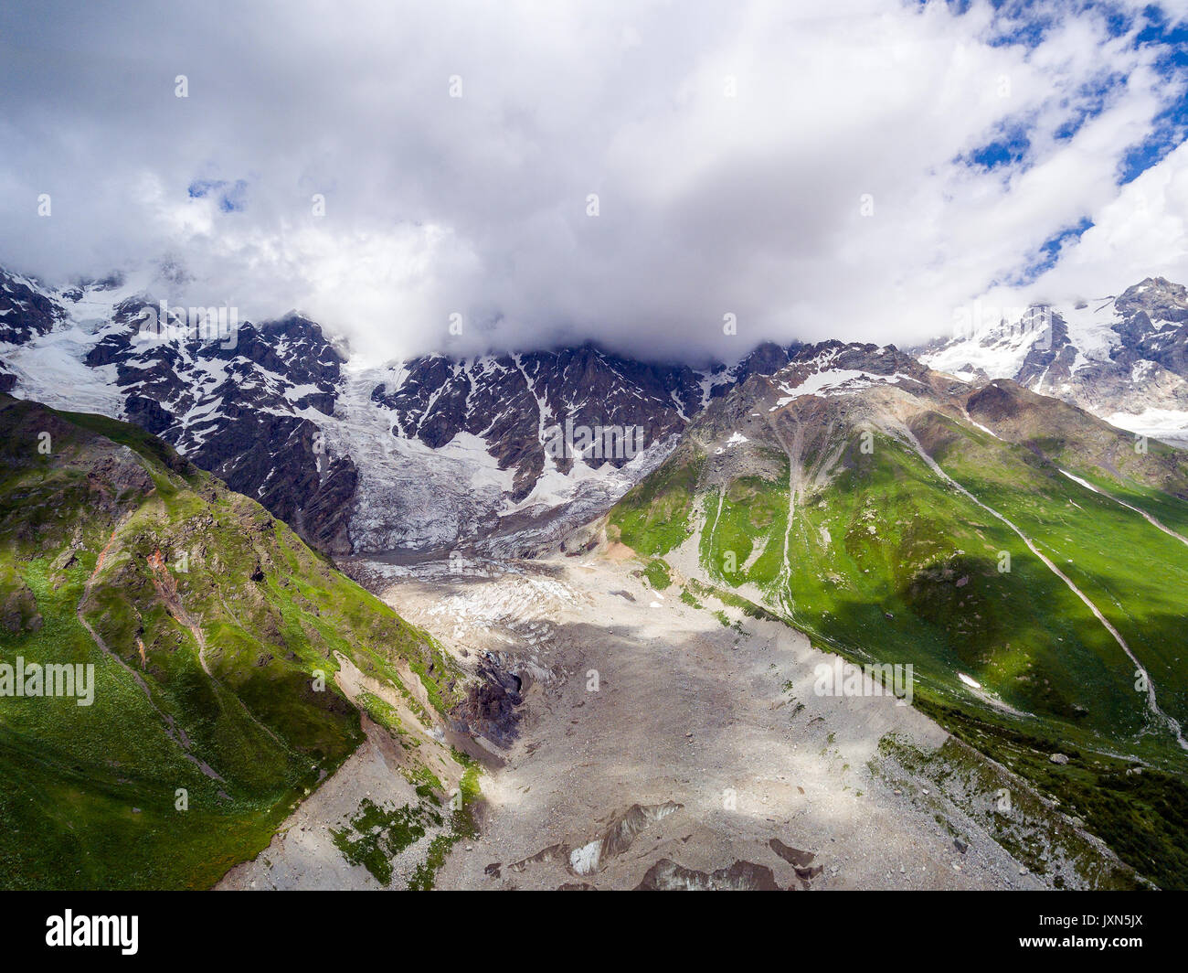 Aerial view of Shkhara Glacier. Upper Svaneti, Georgia. Caucasus ...