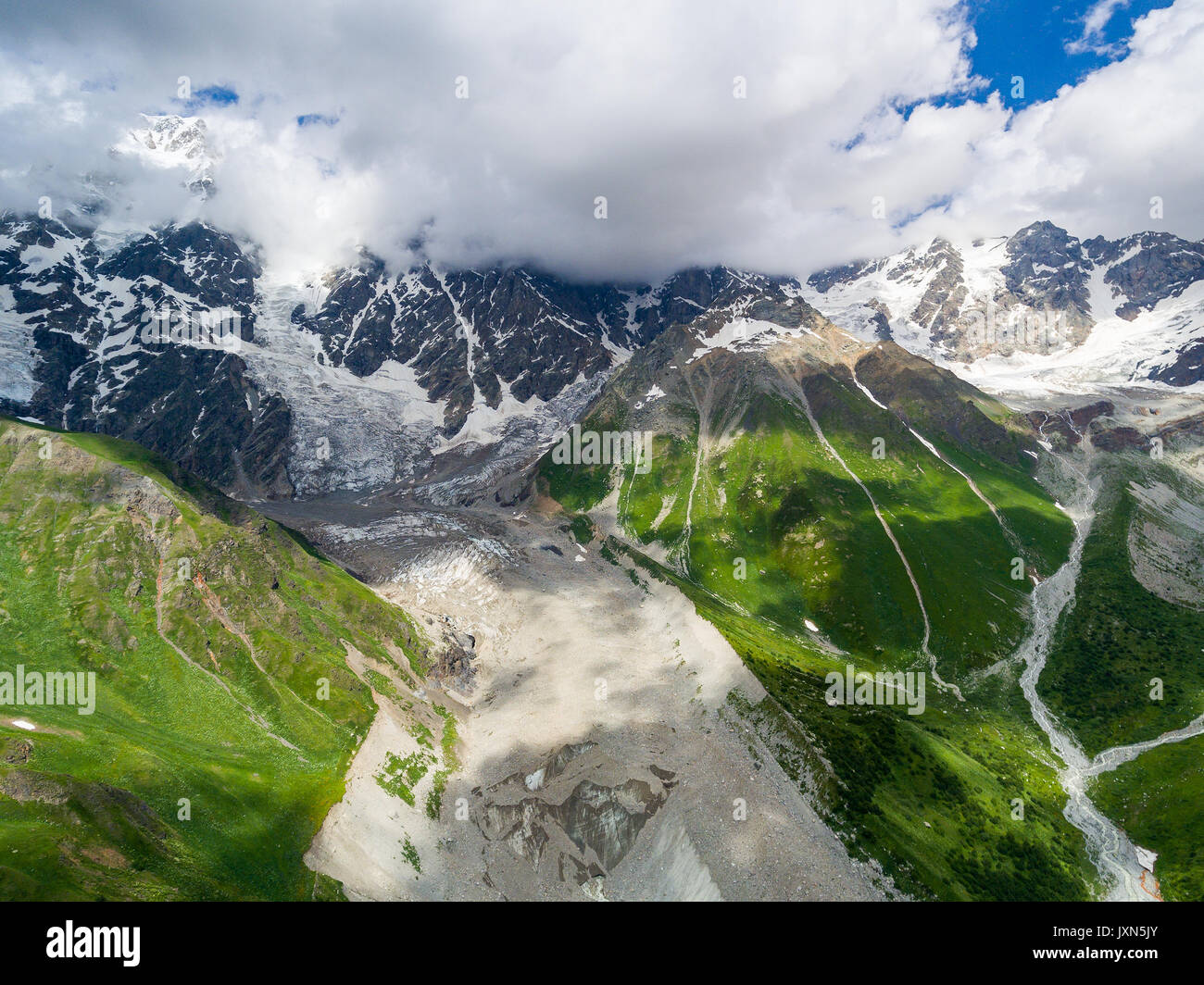 Aerial view of Shkhara Glacier. Upper Svaneti, Georgia. Caucasus ...