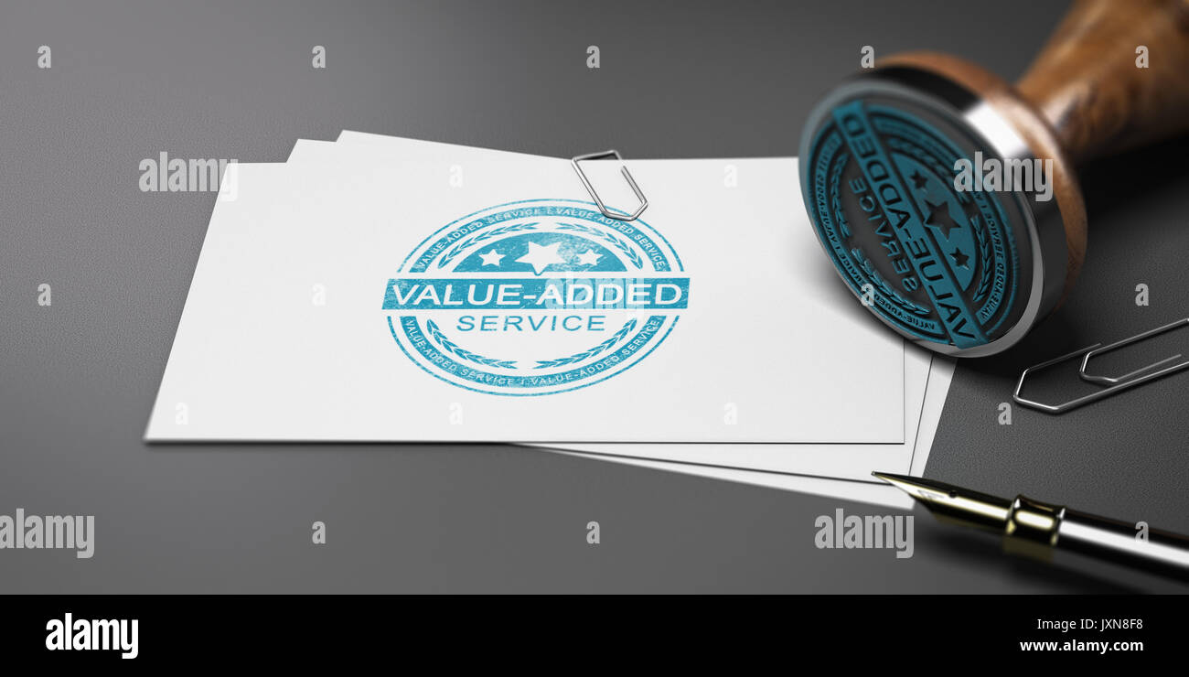 Value added stamp printed on a card with office supplies. 3D ...