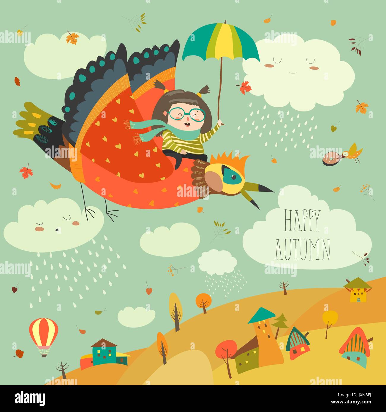 Little girl flying in the sky with funny birds Stock Vector Image & Art ...