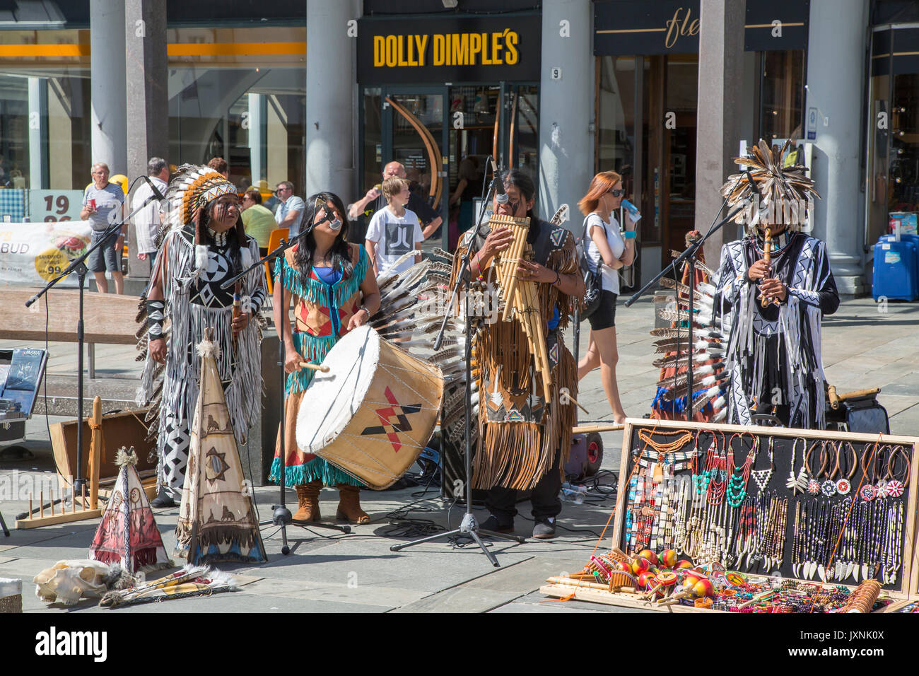 Red Indian Band playing in Bergen Town Centre, South West Norwat Stock ...