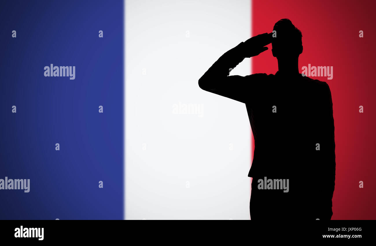 Silhouette of a soldier saluting against the france flag Stock Photo ...