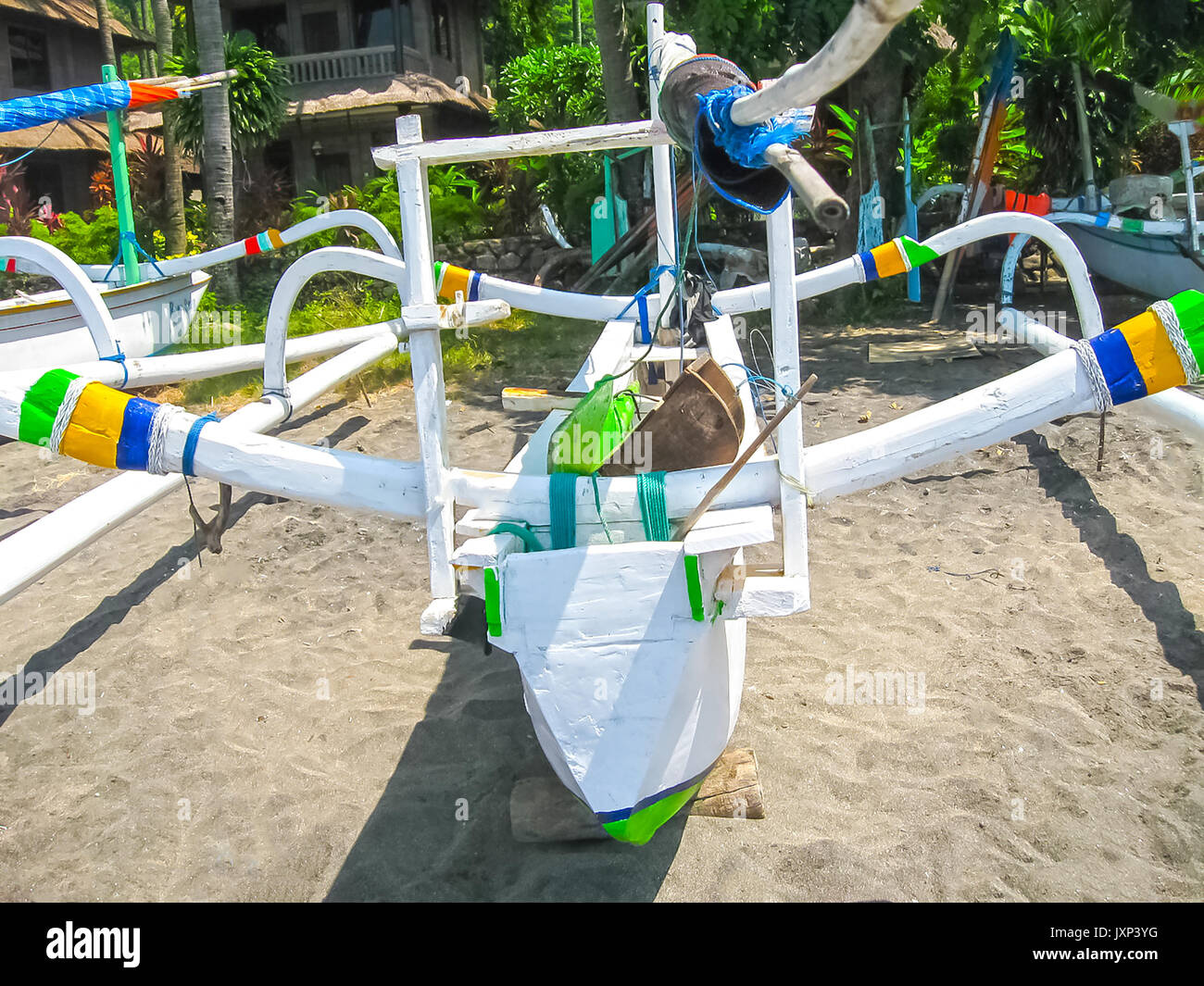 Traditional Balinese boat on a Sanur beach in Bali, Indonesia Stock ...