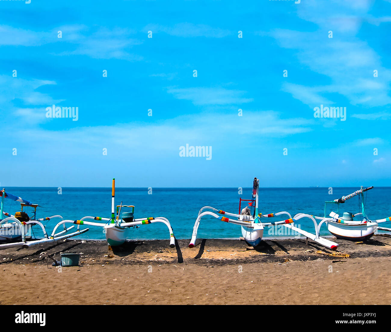 Traditional Balinese boat on a Sanur beach in Bali, Indonesia Stock ...