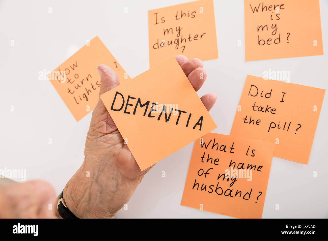 Close-up Of Person's Hand Holding Dementia Sticky Note At Home Stock ...