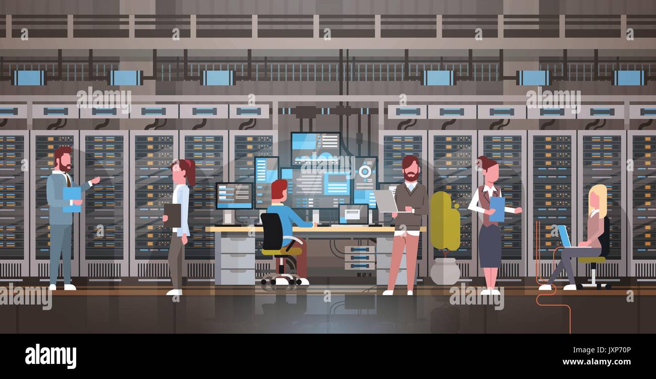 People Working In Data Center Room Hosting Server Computer Monitoring Information Database Stock ...