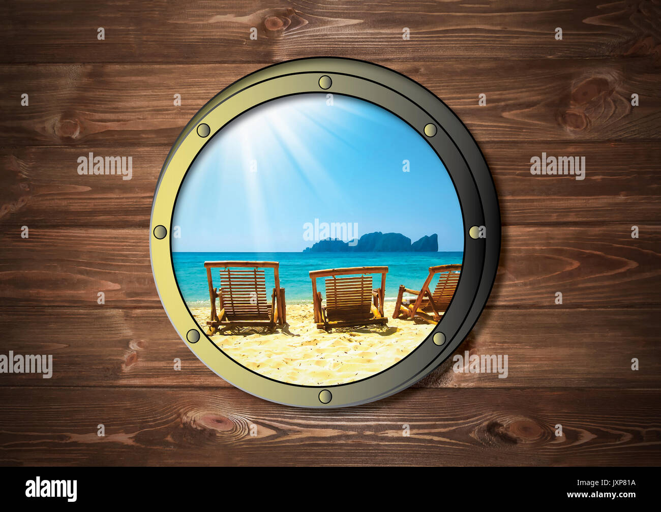 The ship window with tropical sea or ocean island. Travel and adventure ...