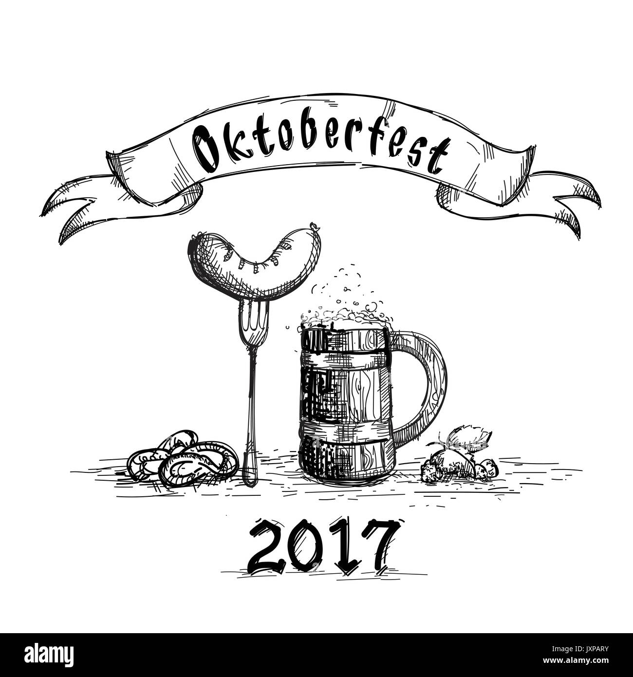 Beer Wooden Mug With Sausage Sketch Oktoberfest Festival Banner Stock ...