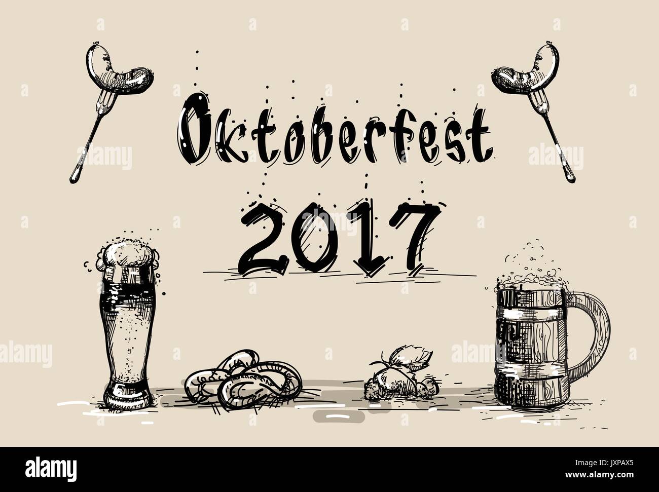 Beer Glass With Sausage Sketch Oktoberfest Festival Banner Stock Vector ...