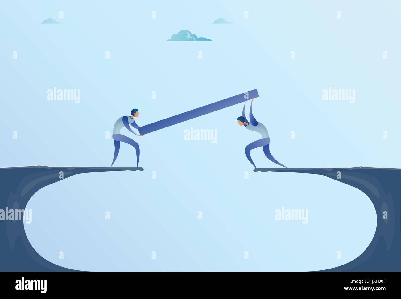 Two Businessmen Building Bridge Over Cliff Gap Mountain Business People ...