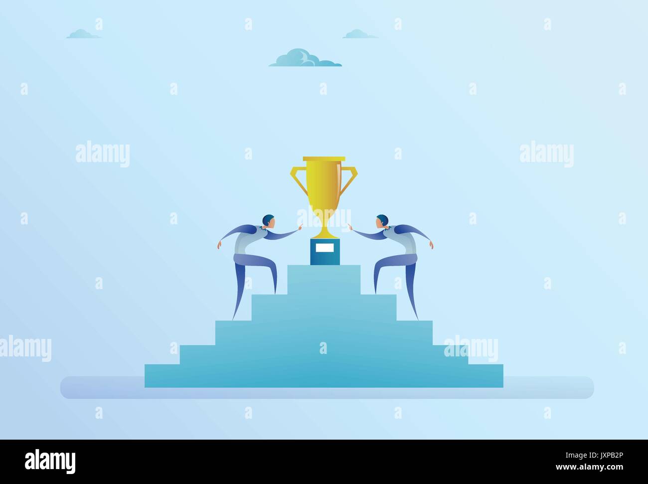 Business People Climbing Stairs Up To Golden Cup Winner Success ...