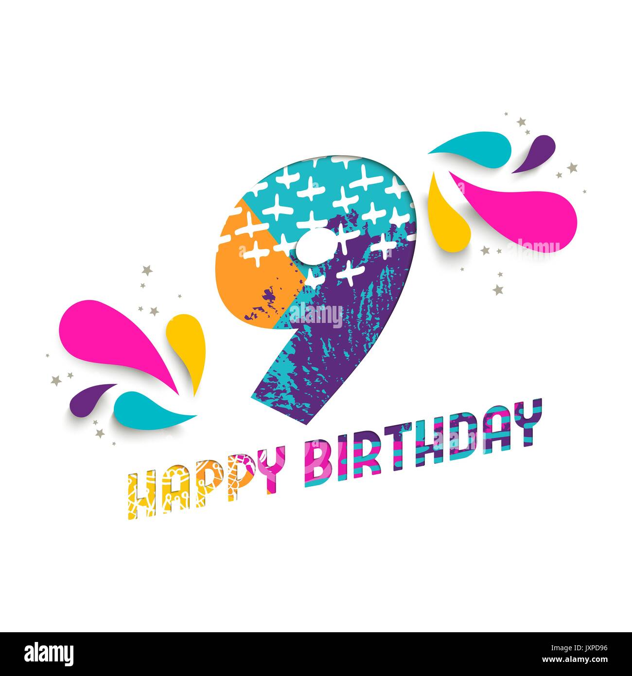 Happy Birthday nine 9 year, fun paper cut number and text label design ...