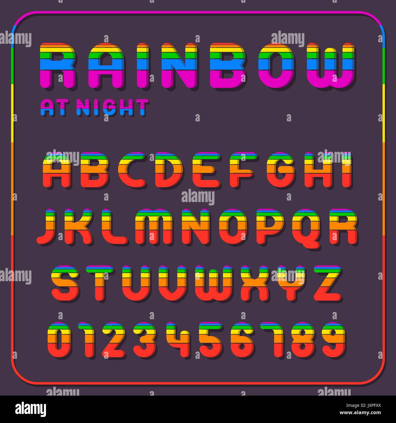 Complete set of rainbow colored alphabet letters and numbers over dark ...