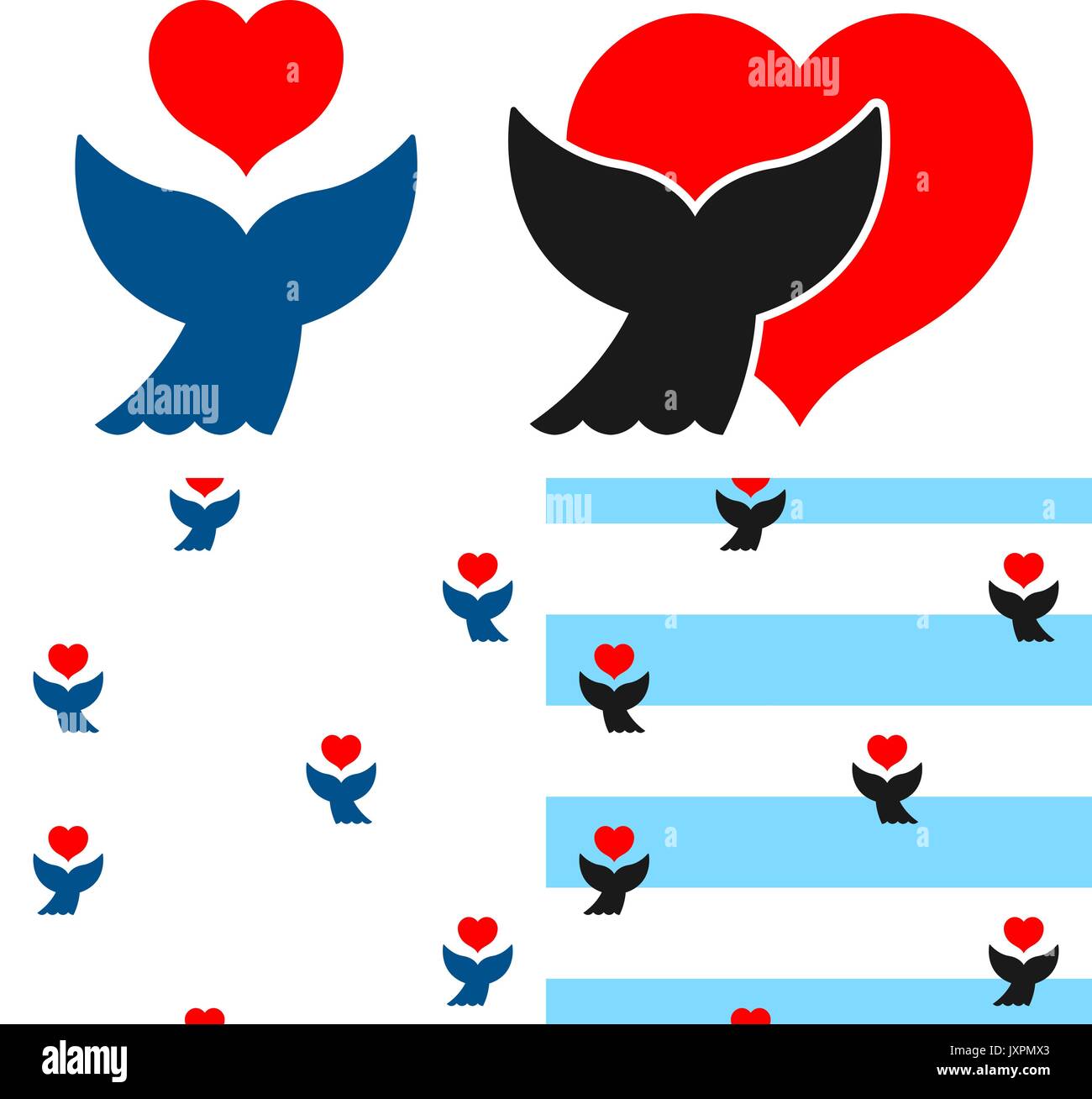 Whale fluke and red heart icon and two seamless background patterns ...