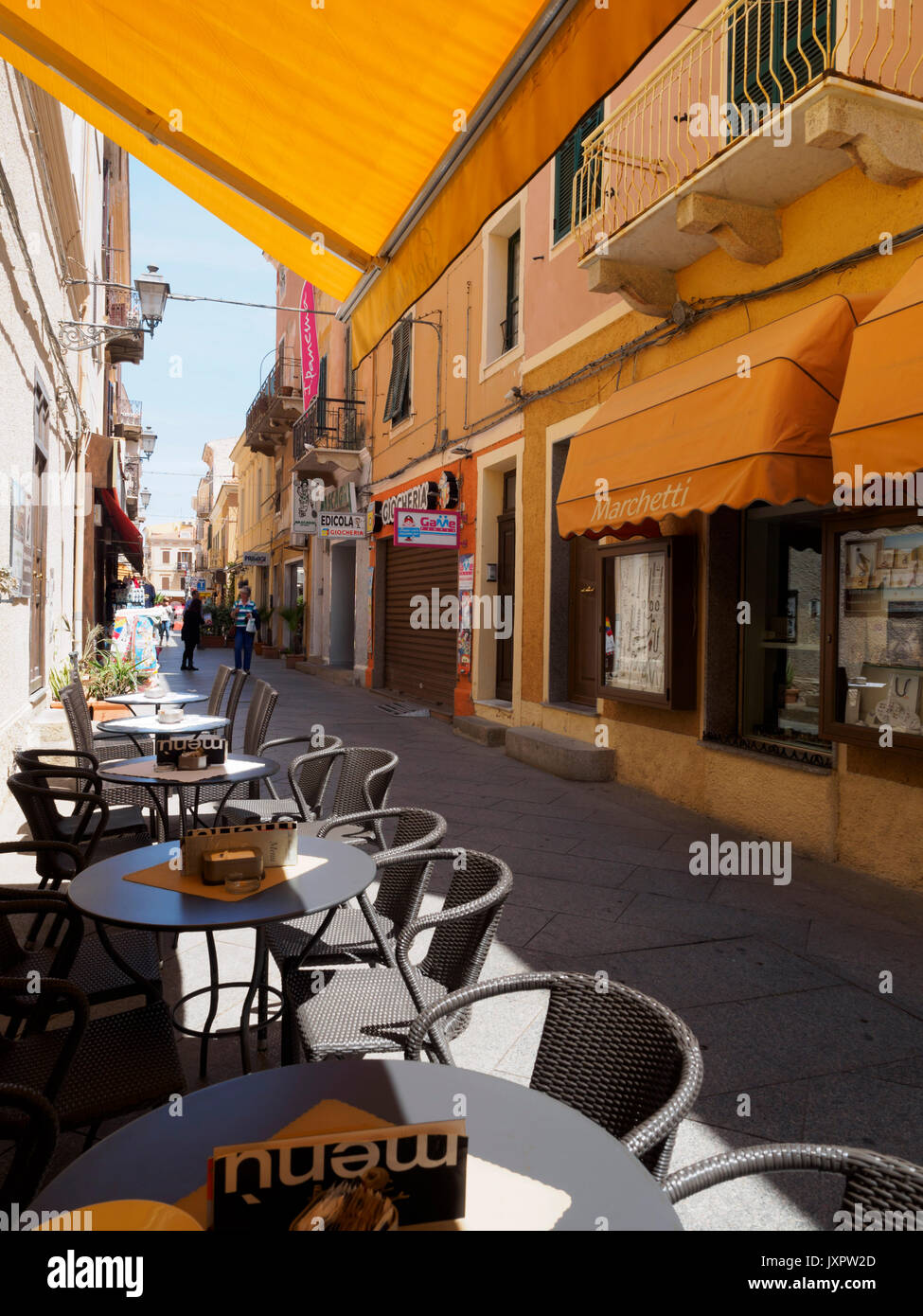 Italy, Sardinia - La Maddalena island. Cafe choices in the narrow ...